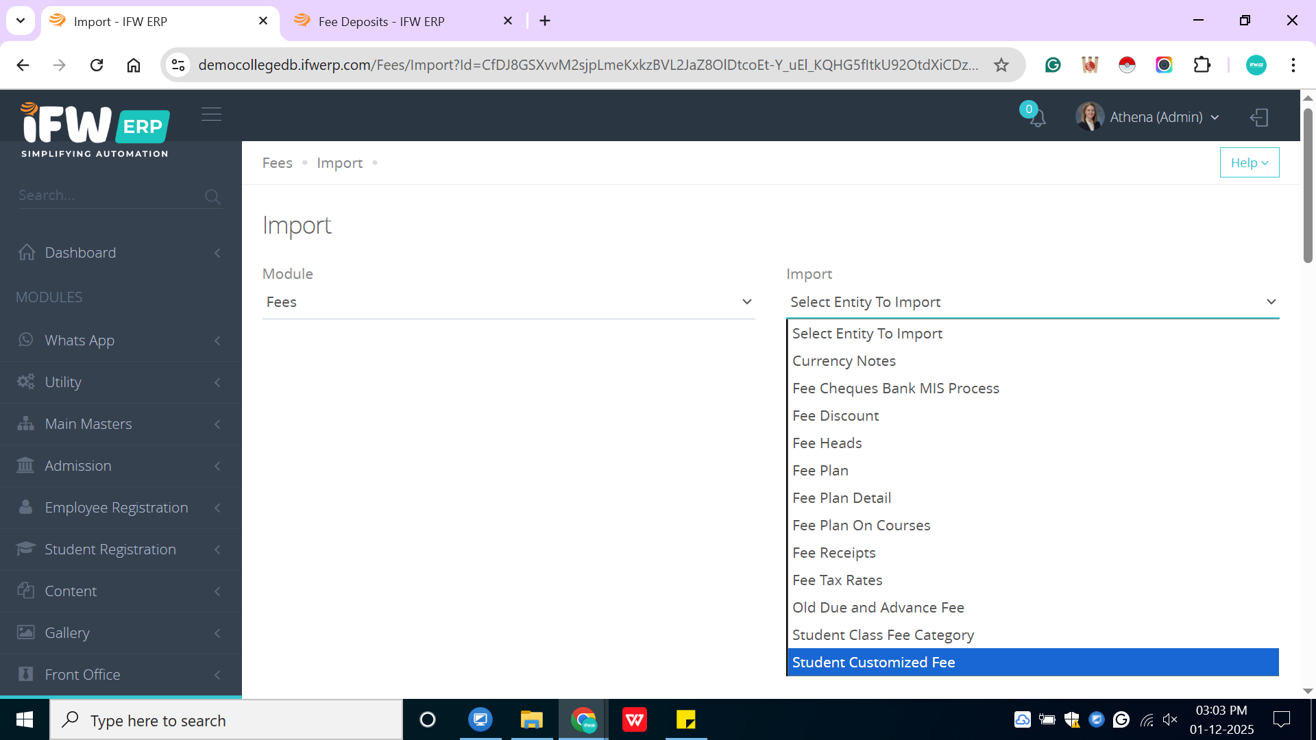 How to import a Fee Head on the list of students in ERP?